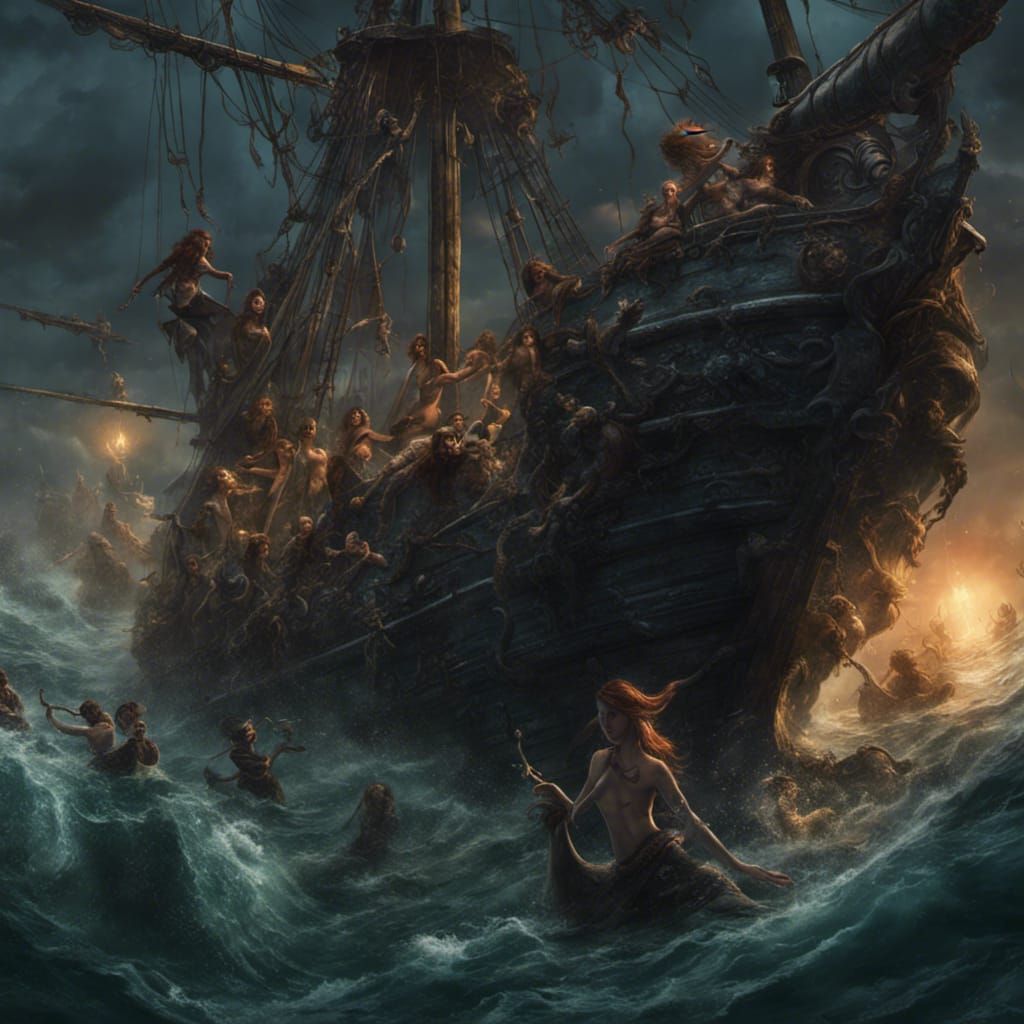 mermaids surging from underwater. The mermaids swarm the sides of the ...