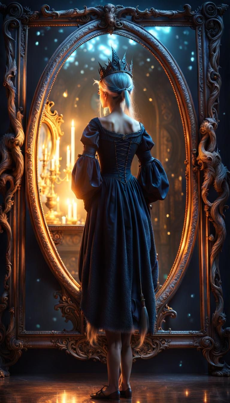 An old ugly witch beseech in front of a magical mirror, the mirror is ...