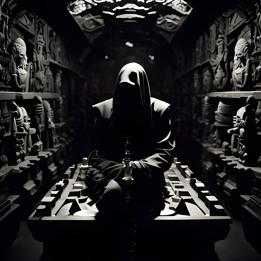 Ebon-shrouded enigma: obsidian shadows, labyrinthine architecture, cryptic motifs, spectral ...