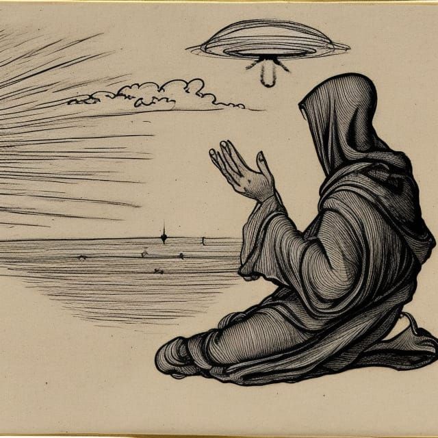 Old master etching of the first monk to witness a UFO. - AI Generated ...