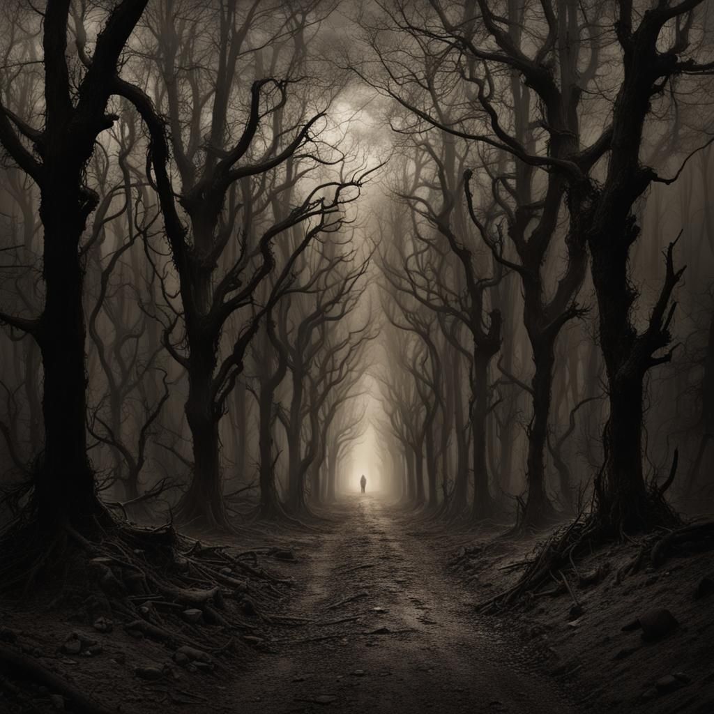 A dark world trees of light dirt path - AI Generated Artwork ...