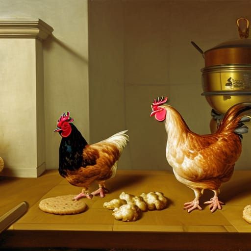 In the farmhouse kitchen. Chickens bake cookies. rococo, fresco, John ...