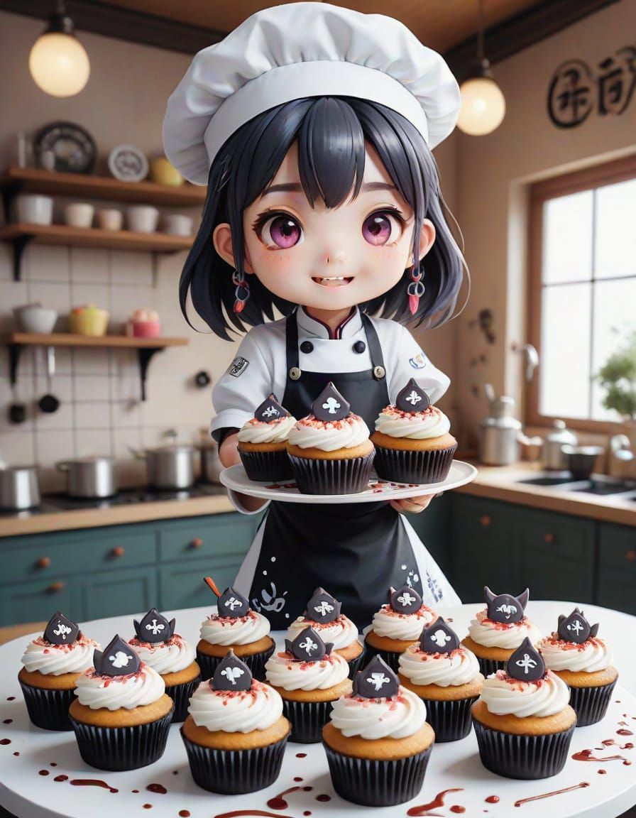 Cute Demon Pastry Chef Whips Up Haunted Cupcakes i... - AI Art