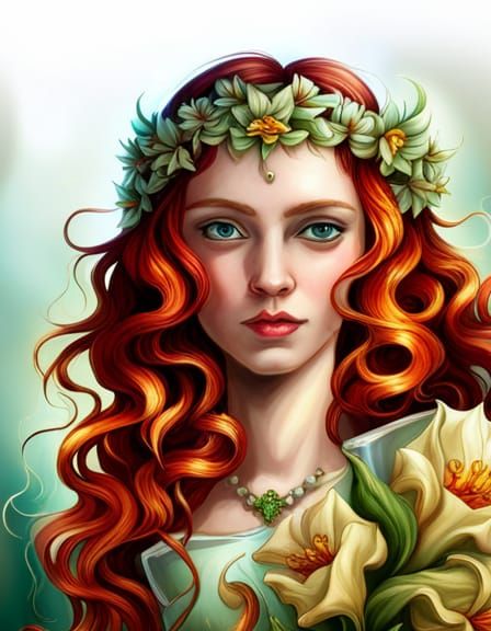 Gorgeous curly red-headed goddess, with baby dragon on shoulders ...
