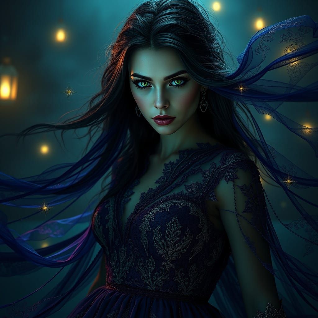 Mysterious Half-Vampire Woman in Enchanted Gown - AI Art