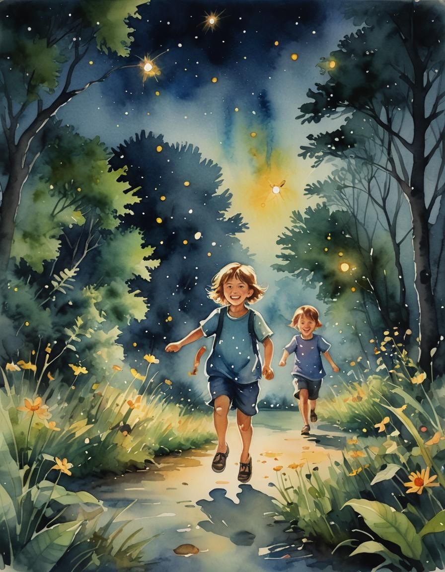 watercolor, children chasing fireflies just after dark on a hot summer ...