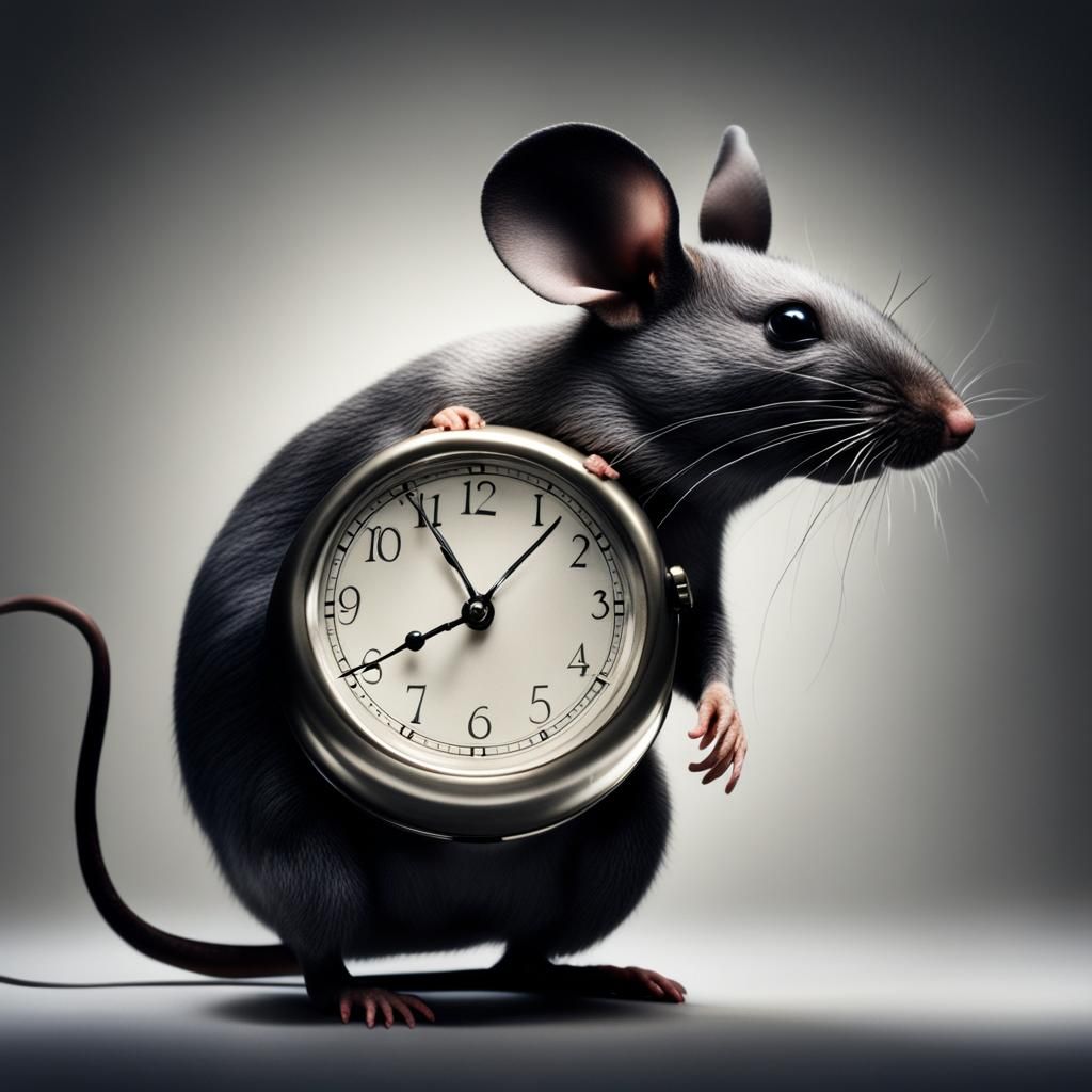Photograph, hyperrealistic, a Large Mouse holding a digital clock with ...