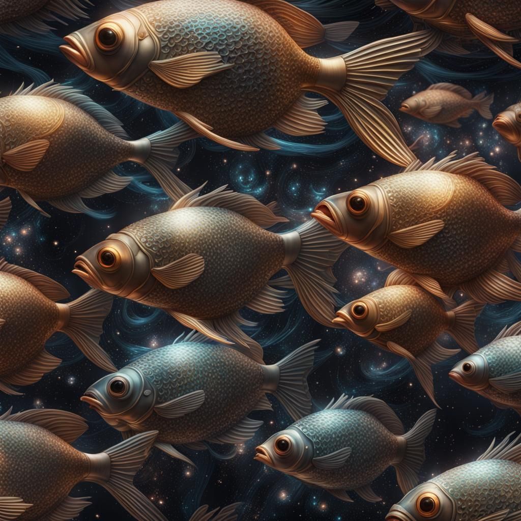 Techno astral metal electric fish swarm hyperdetailed intricately ...