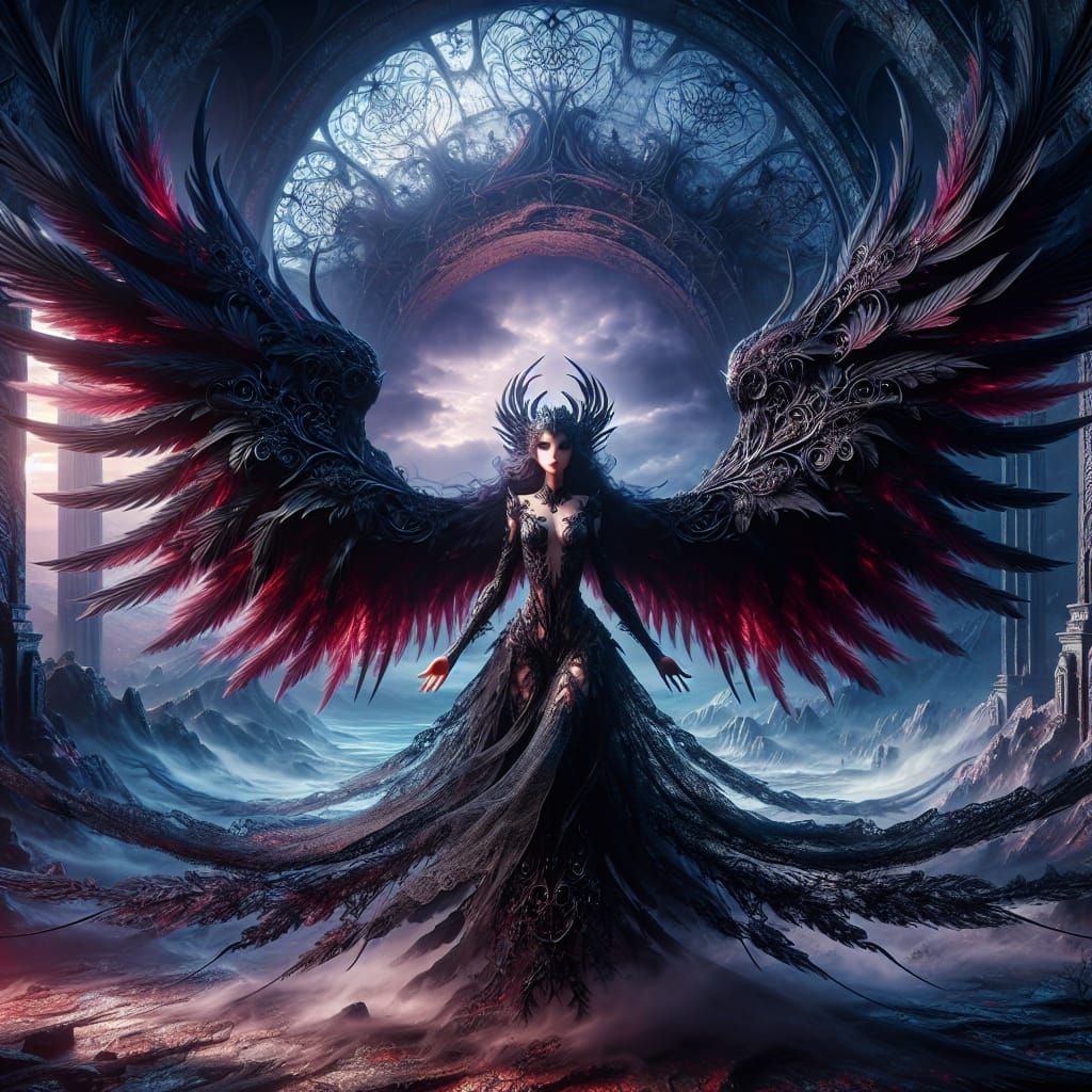 Fallen Angel in Ancient, Eerie Landscape - AI Art