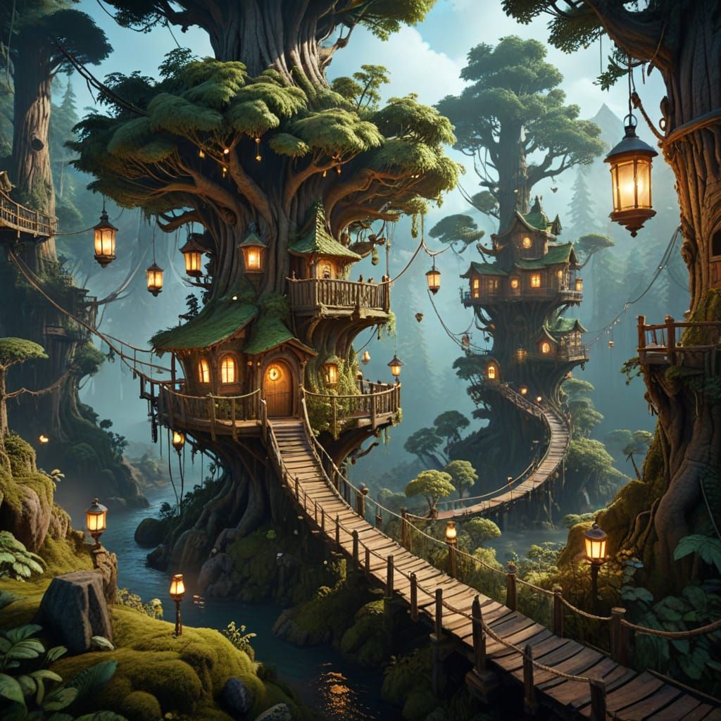 A whimsical treehouse village spirals around an ancient, towering ...