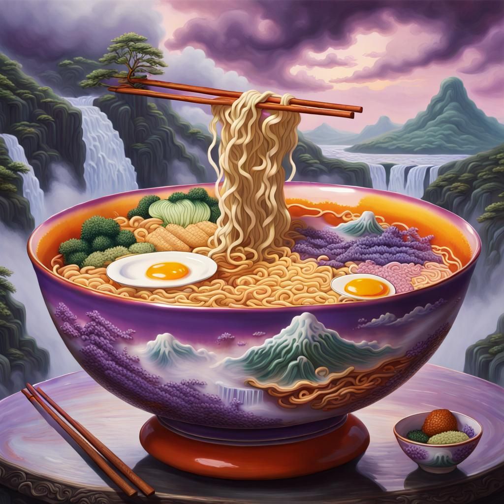 Beautiful hyper-realistic artwork of a fantasy ramen bowl growing out ...
