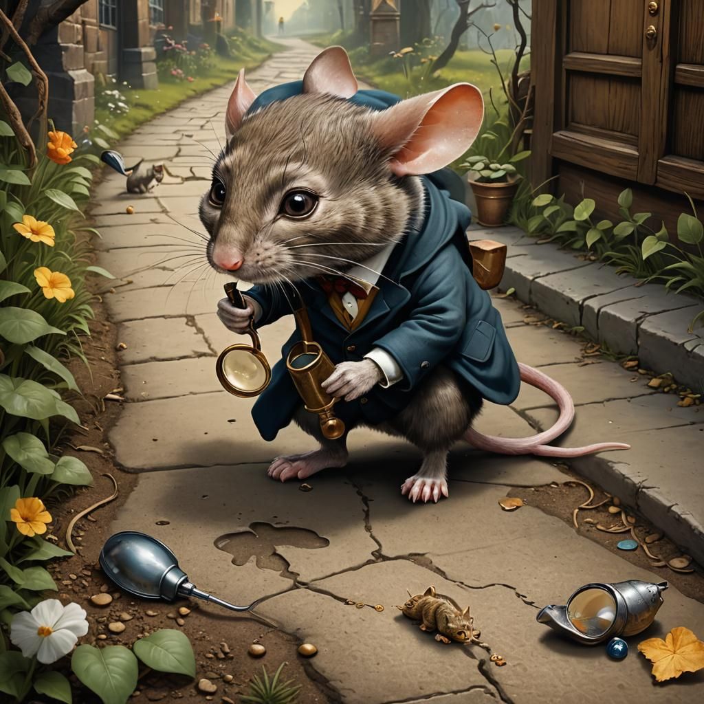 a curious mouse dressed like Sherlock Holmes leaning over looking at ...