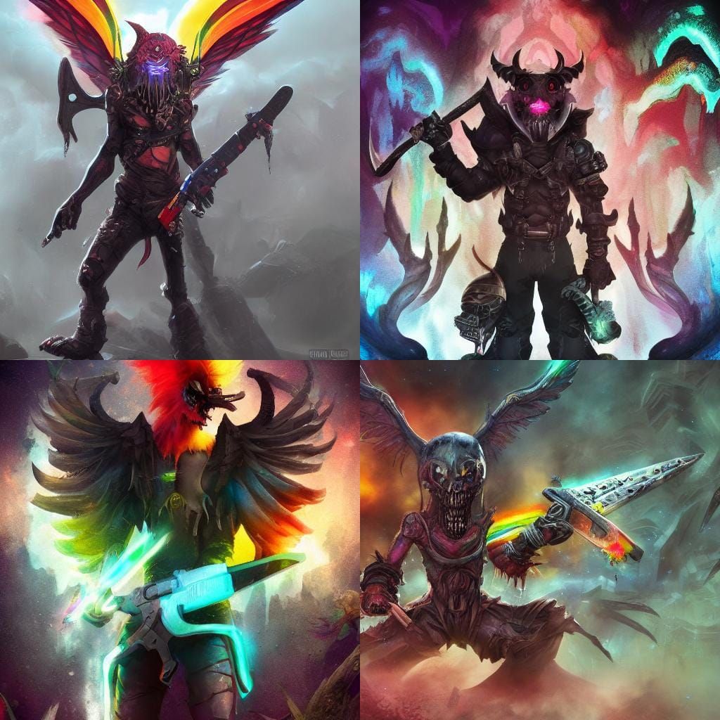 Small demon with a rainbow mouth and a black chainsaw, black body, and ...