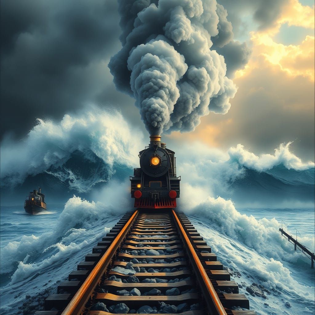 steam train - Surreal Steam Train Descends into Tsunami Wa...