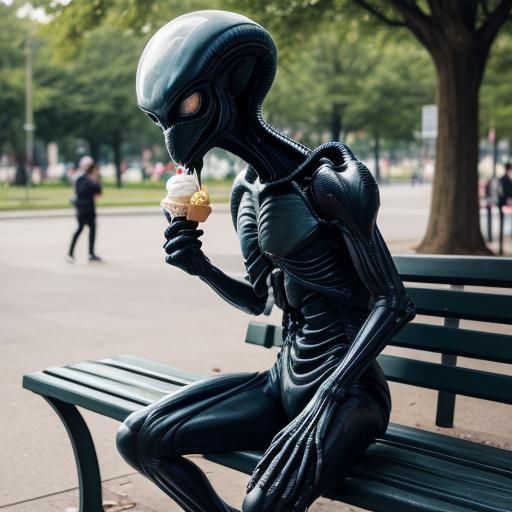 An alien xenomorph eating ice cream on a park bench. - AI Generated ...