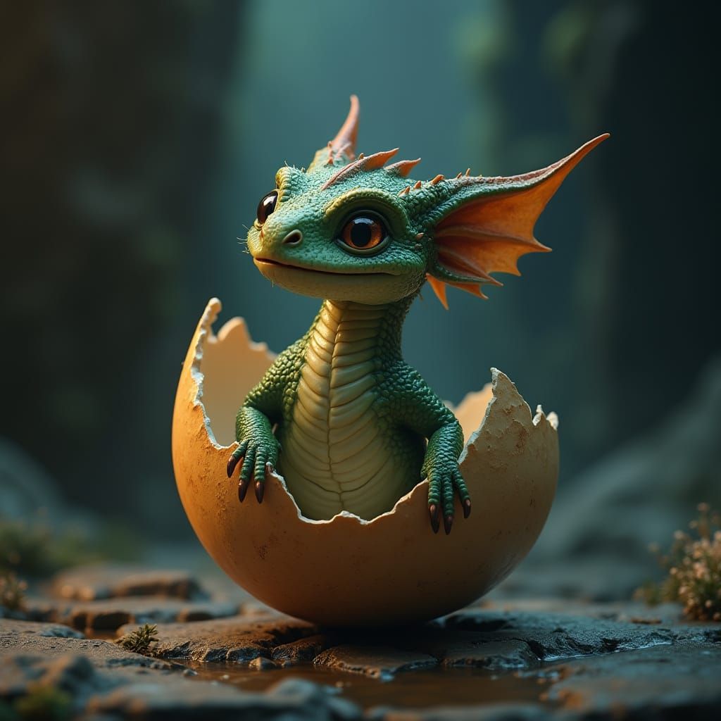 Surreal Dragon Emerges from Eggshell in Dark Cave ... - AI Art