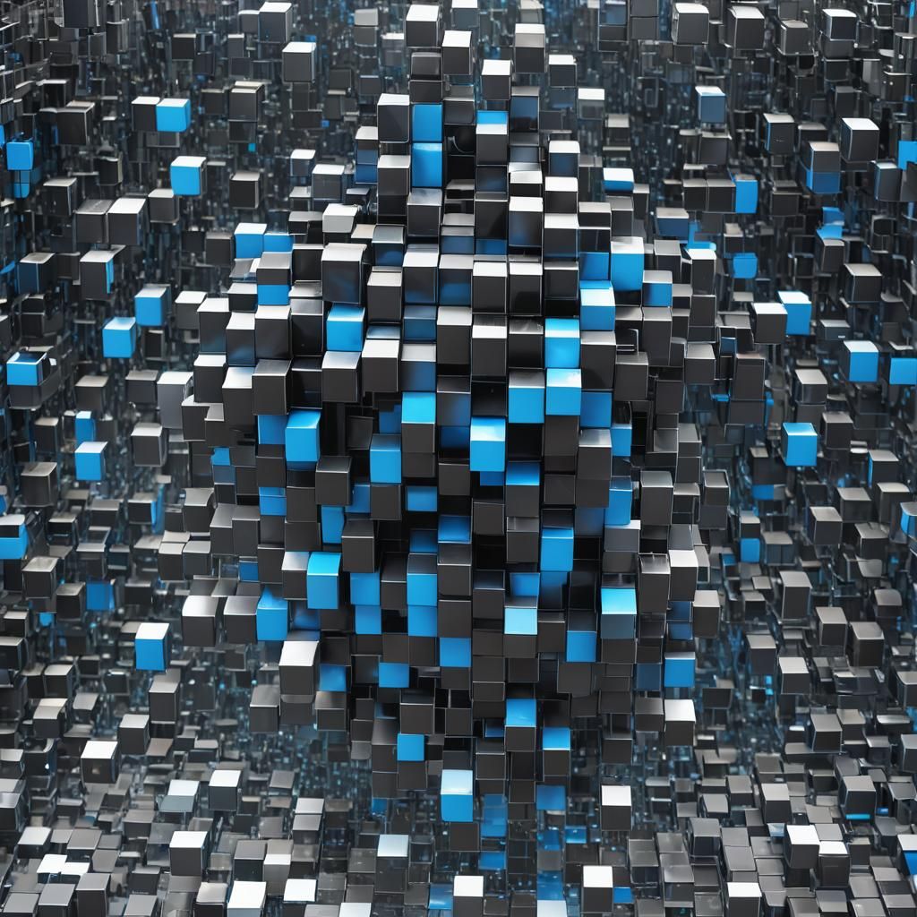 Glowing Black and Blue Pixelated Cube in High Reso... - AI Art