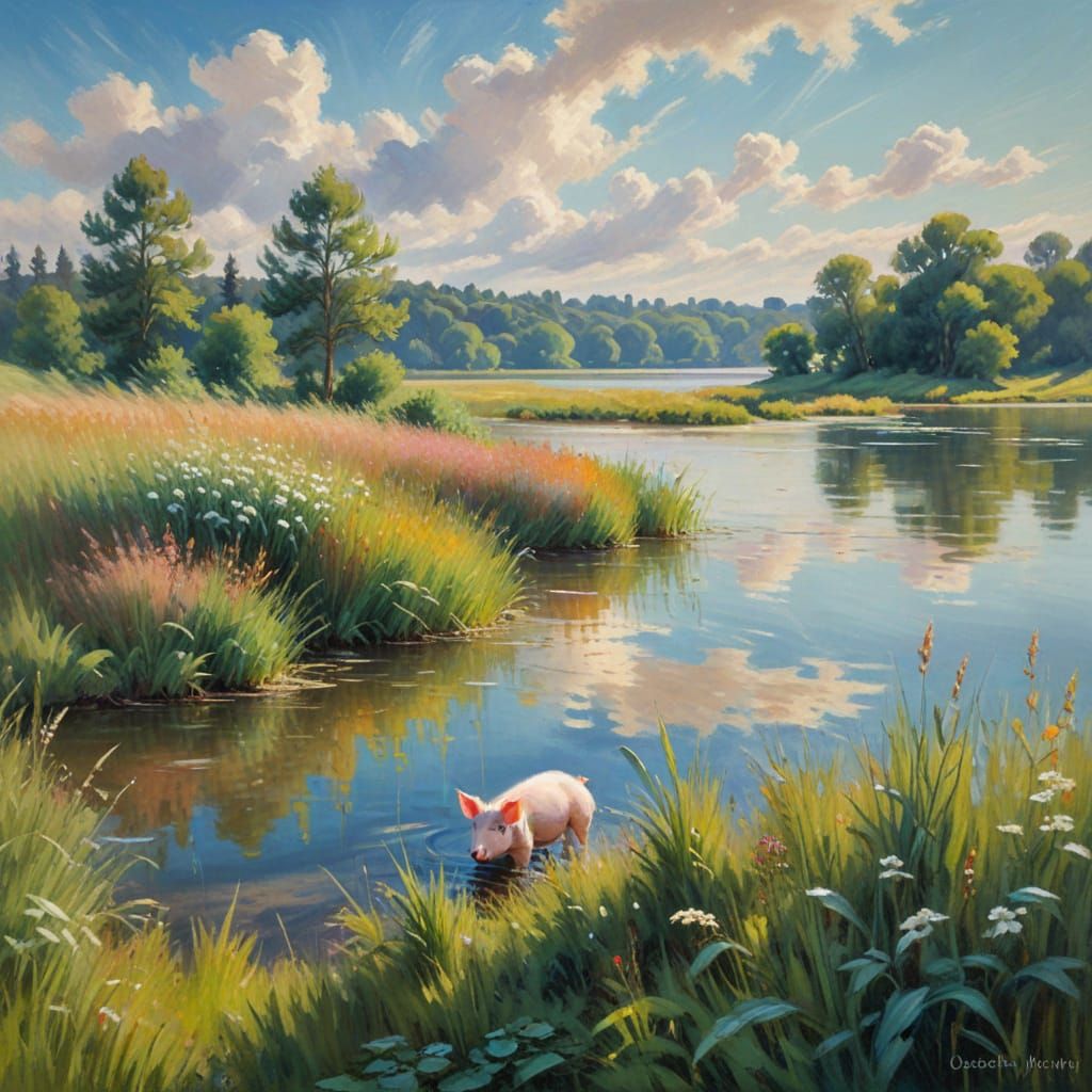 Piggies Day Out - Impressionist Landscape of a Hidden Pig in...
