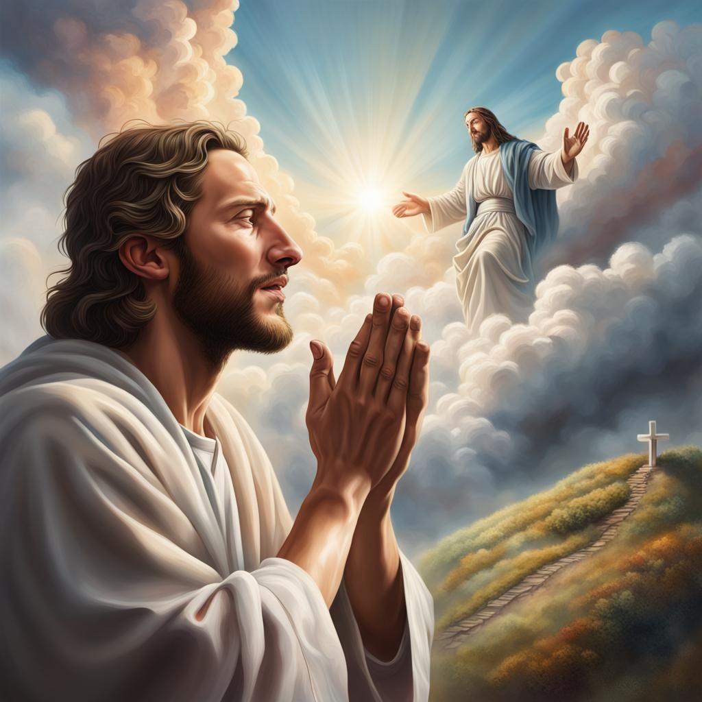 Hands of christ reaching through the clouds to a man praying on a hill ...