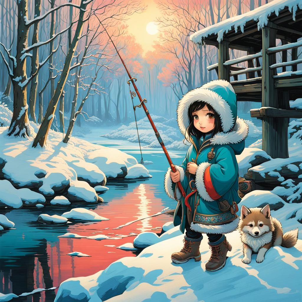 Snowy Fishing Adventure - AI Generated Artwork - NightCafe Creator