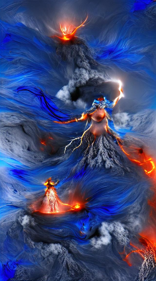 Volcanic lady rising from blue fire, lightning crown, looking into ...