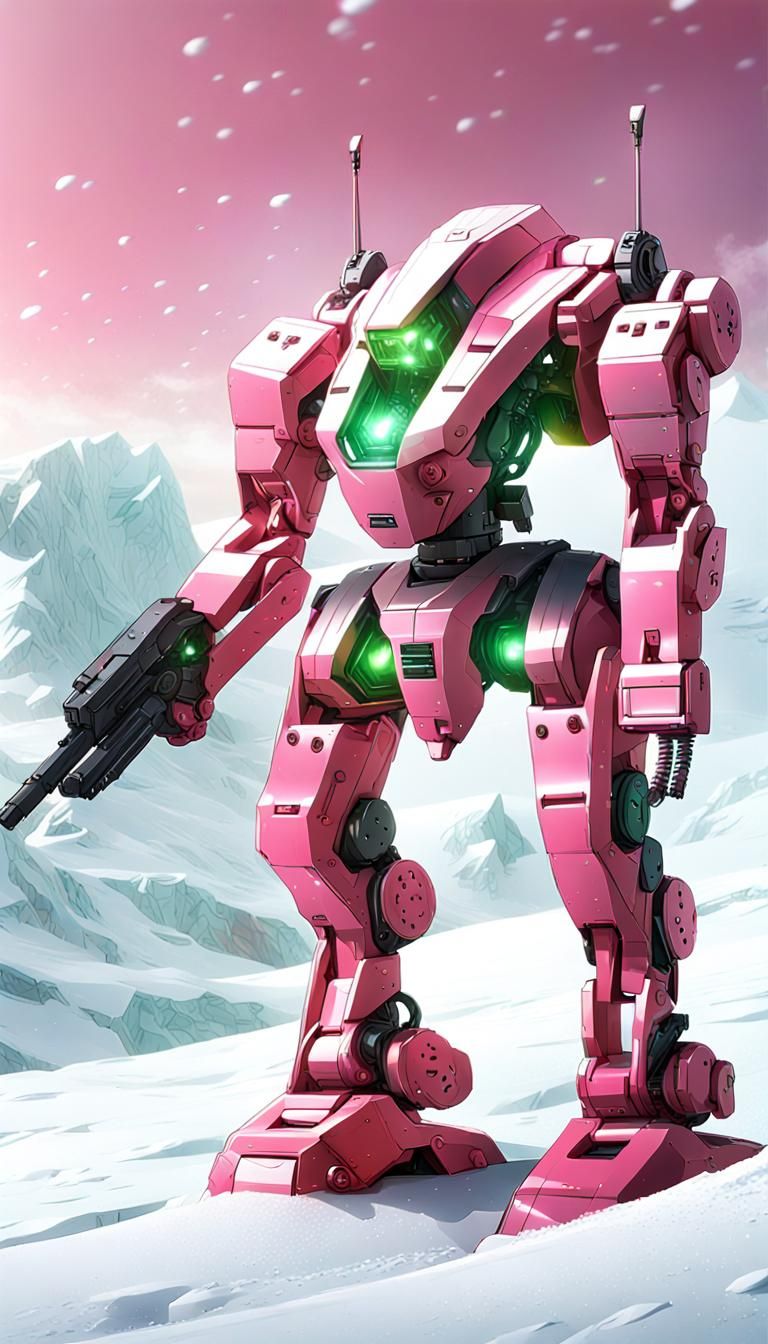 mech, robot, military, arctic, snow, colorful (pink, red, green, yellow ...