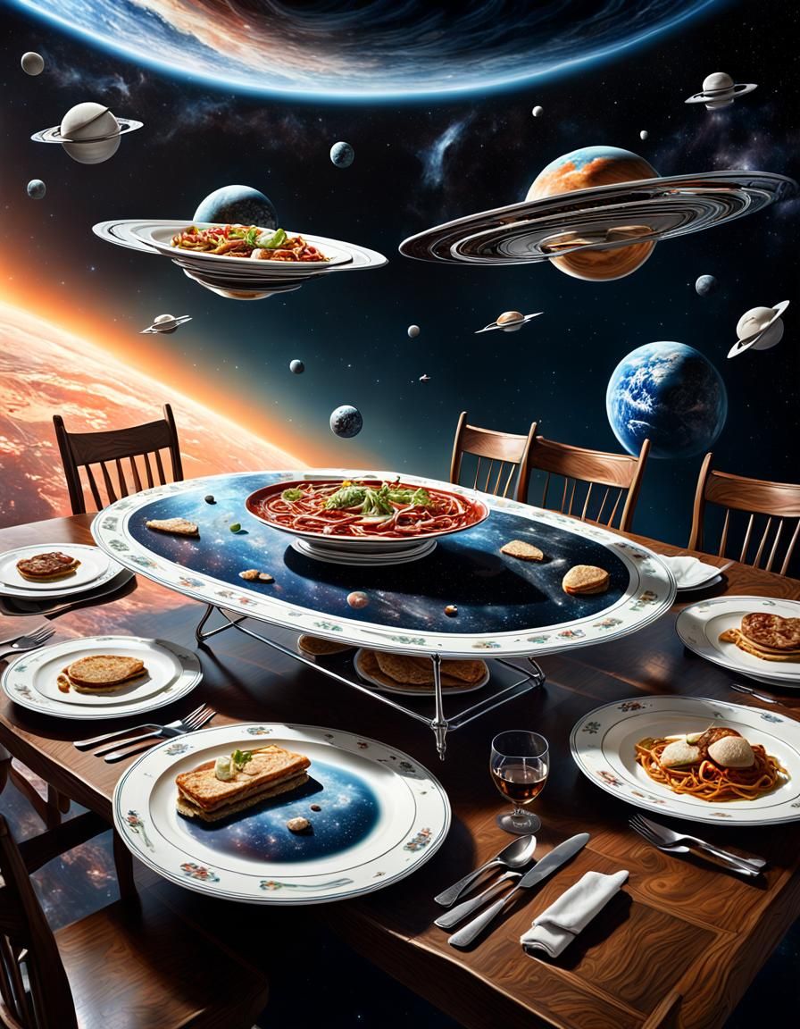 surrealist painting of a dining table flying in space with plates ...