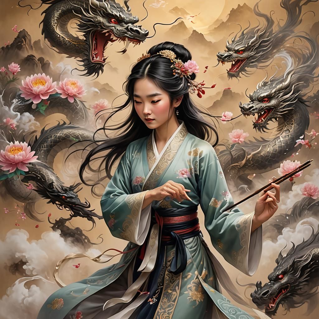 The motifs of the choreography surrounded the woman. Oil painting of a ...