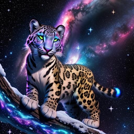 Magical Fantastic Neon Rainbow Snow Leopard in a glittering snowy ...