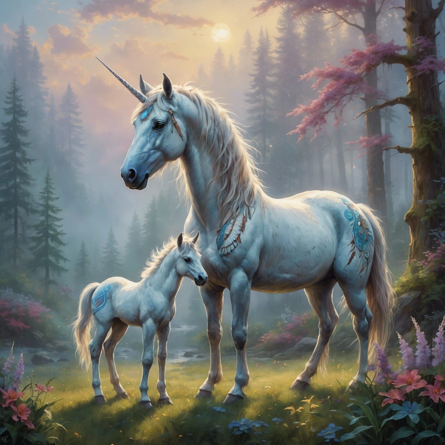 Unicorn with native American feathers with a foal - AI Generated ...