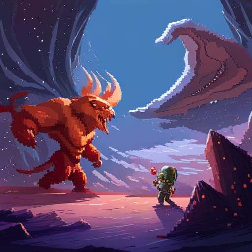 pixel art scene of a champion hero fighting a giant beast from space ...