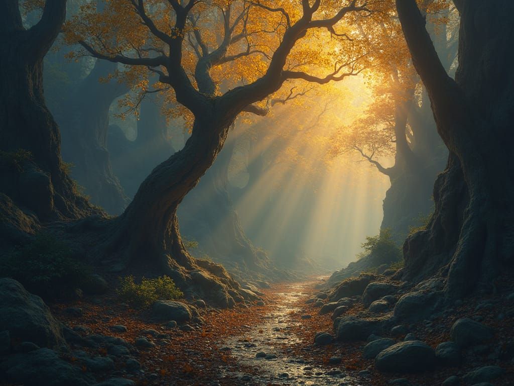 a mysterious vale of gnarled forest and jagged rocks with a glowing ...