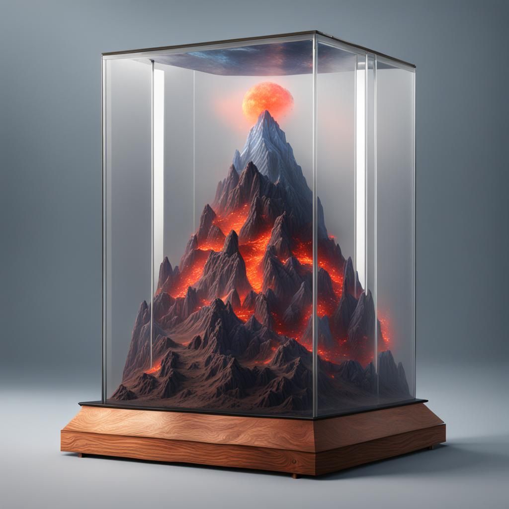 A tiny volcano kept in a glass case on a shelf. - AI Generated Artwork ...