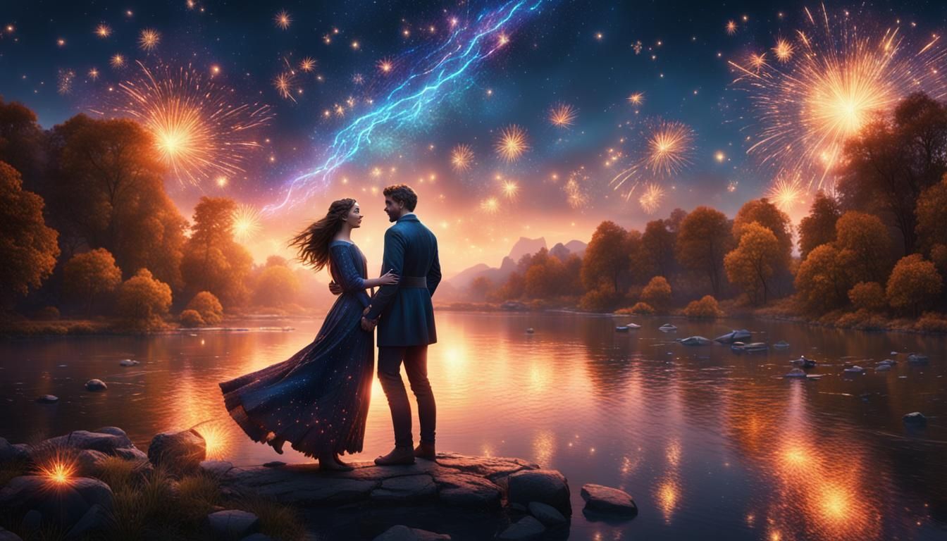 starry eyed lovers with dancing sparks all around them standing on the ...