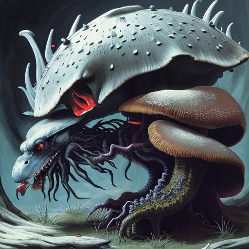 Dark Sinister Fantasy Mushroom Monster with eyes, mouth and limbs ...
