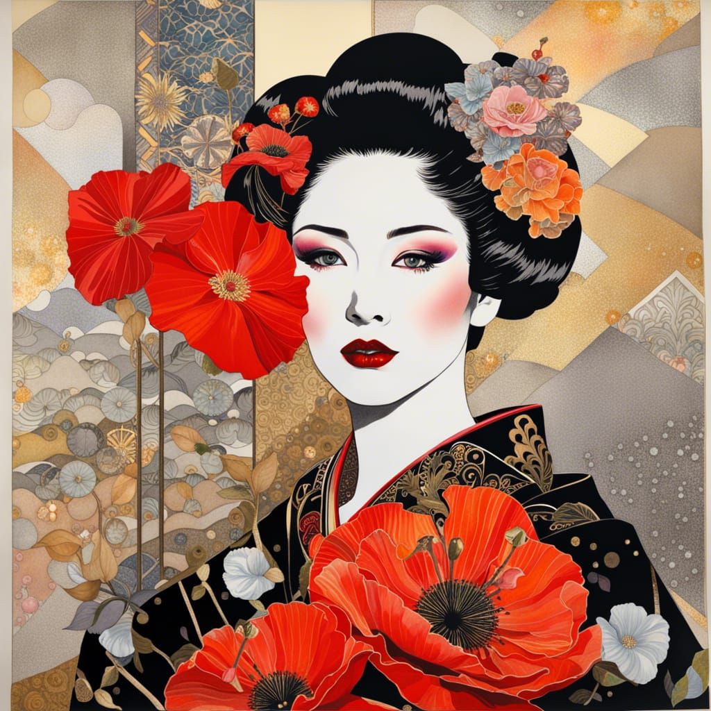 Geisha Girl memoirs poppy flowers Black and white iridescent sparkling ...