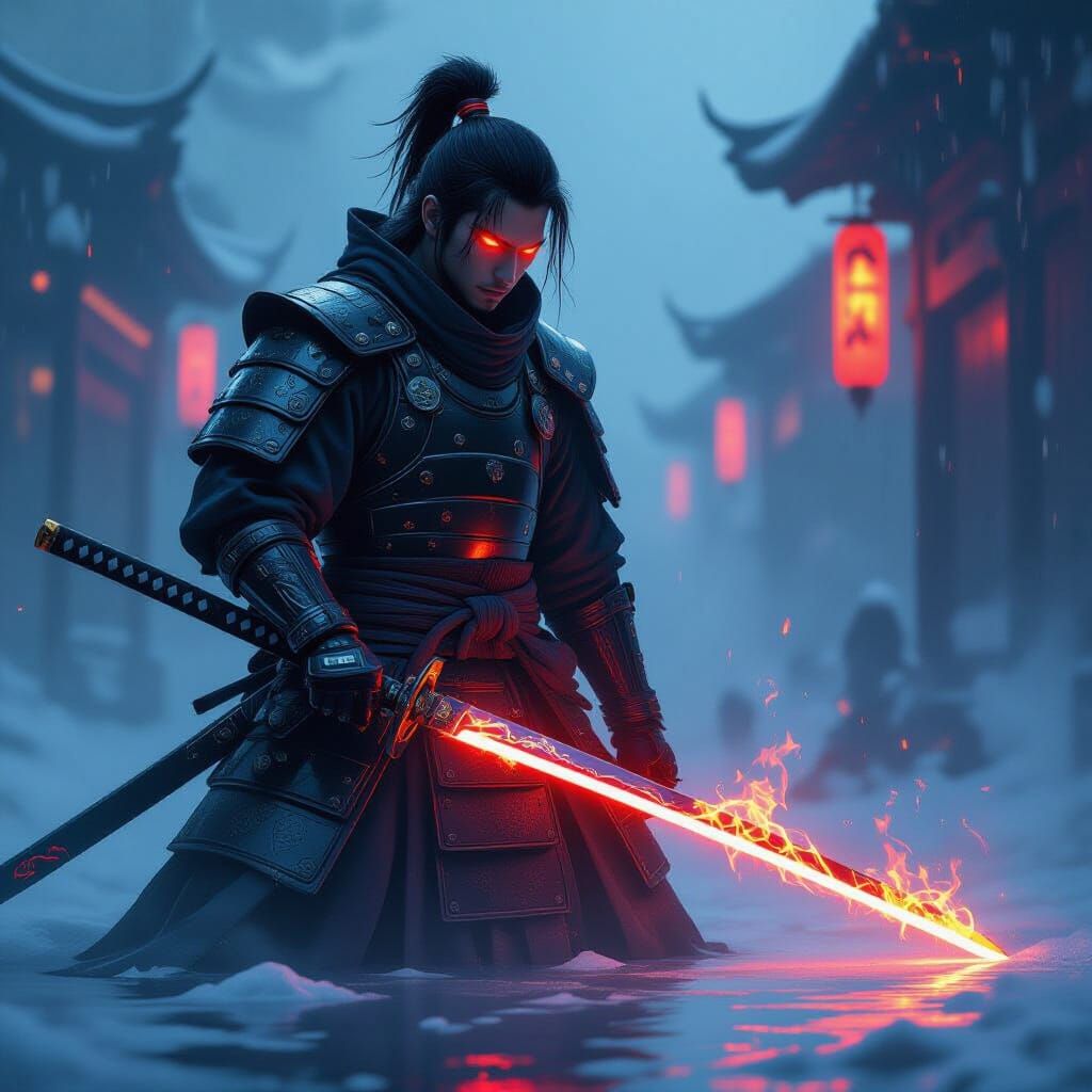 Cyberpunk Samurai Warrior with Fiery Ice Katana - AI Art