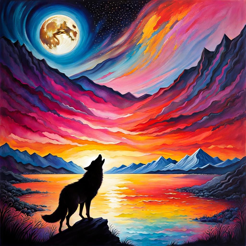a wolf howling at the night, moon mountains, icylandscapes, splashy ...
