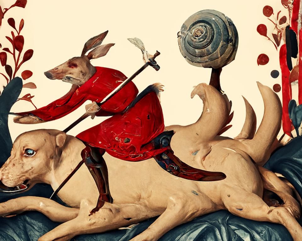 rabbit riding dog with trained hunting snail, france, 14th century - AI ...