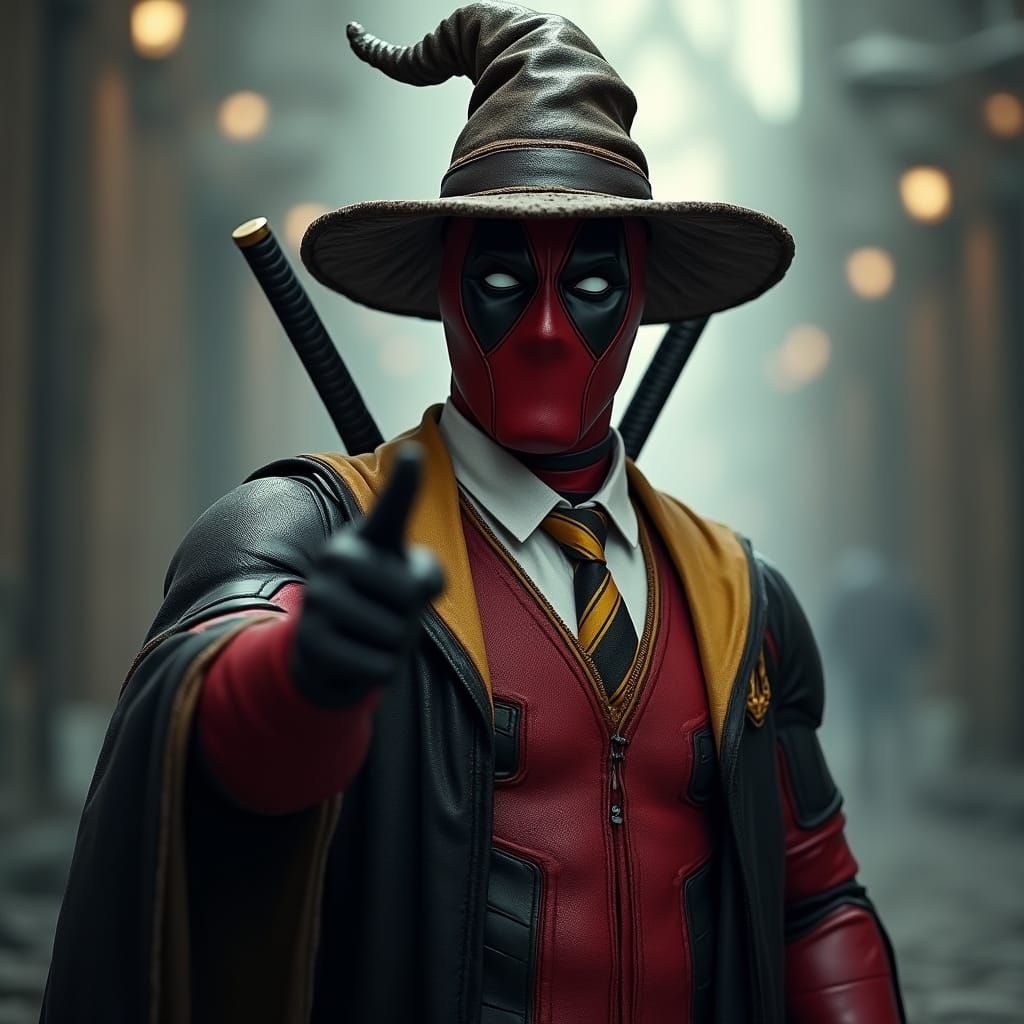 Deadpool Wears Hogwarts Hufflepuff Robes with Sort... - AI Art