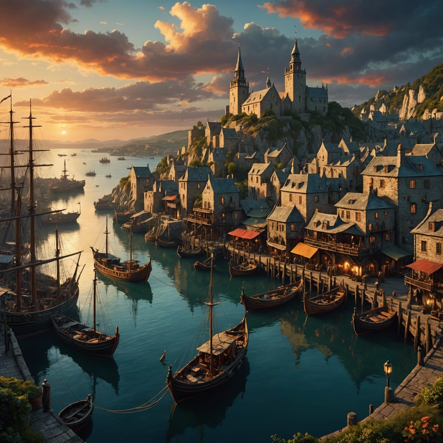 Dragon view of a fantasy harbour full of boats. Beautiful landscape ...
