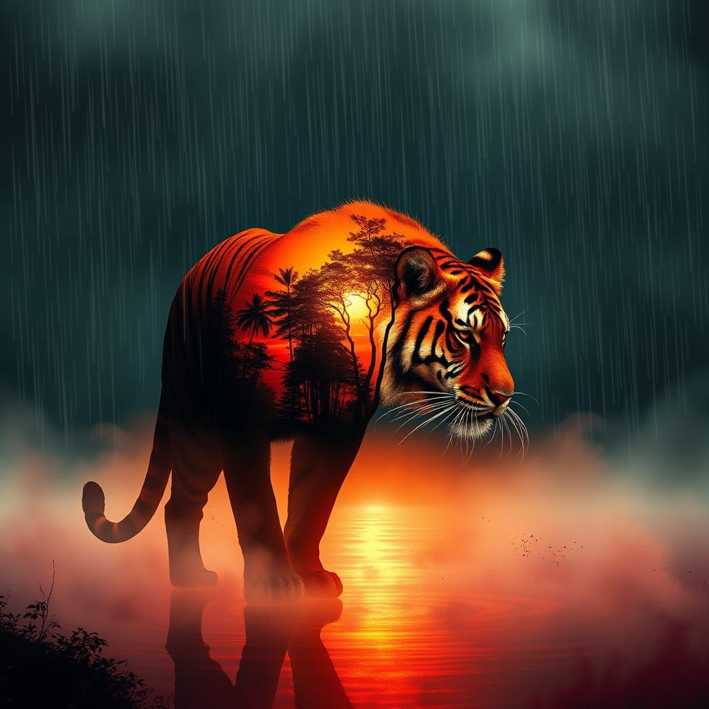 Tiger in red rain - Tiger in Ethereal Dawn