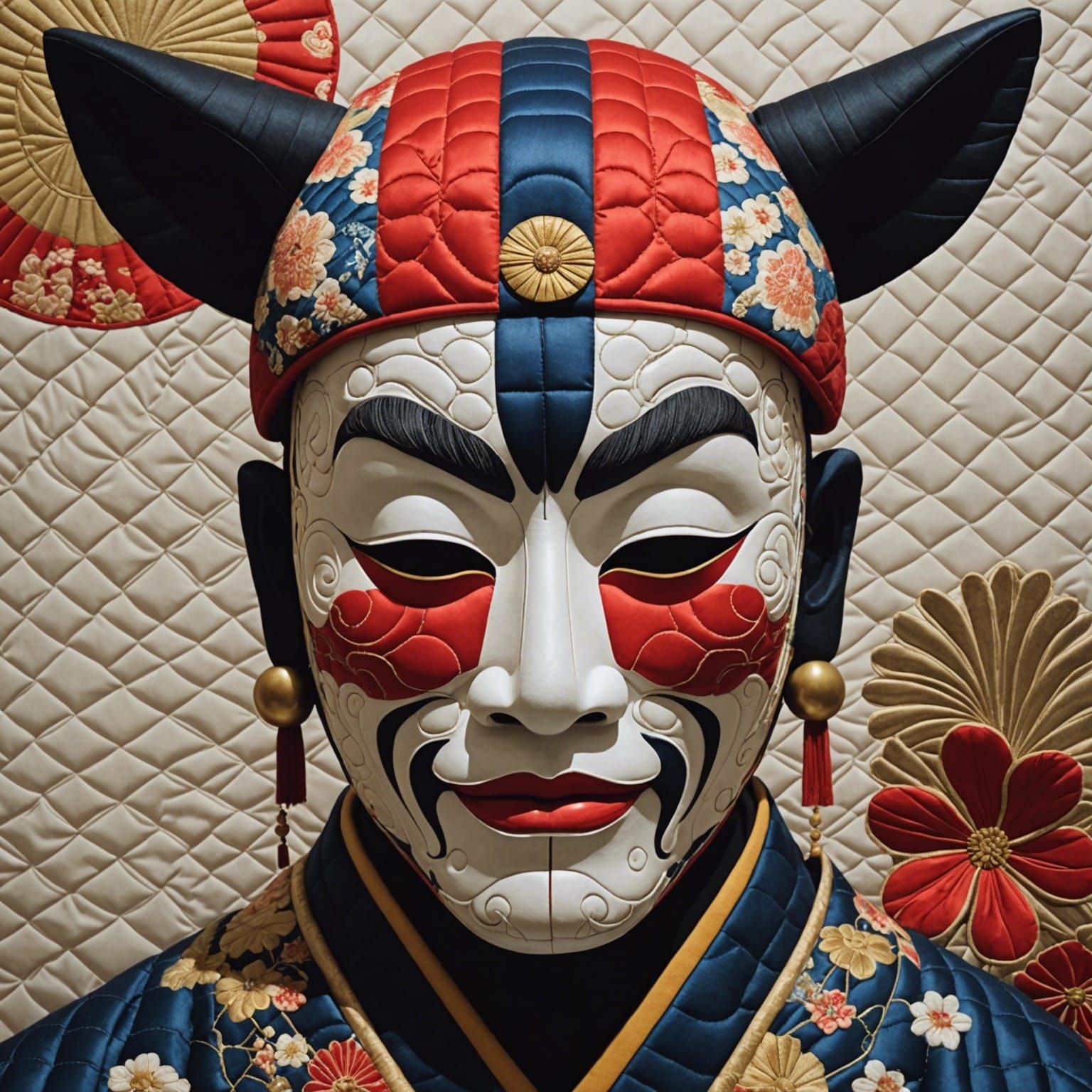 Quilted art of japanese noh mask - AI Generated Artwork - NightCafe Creator