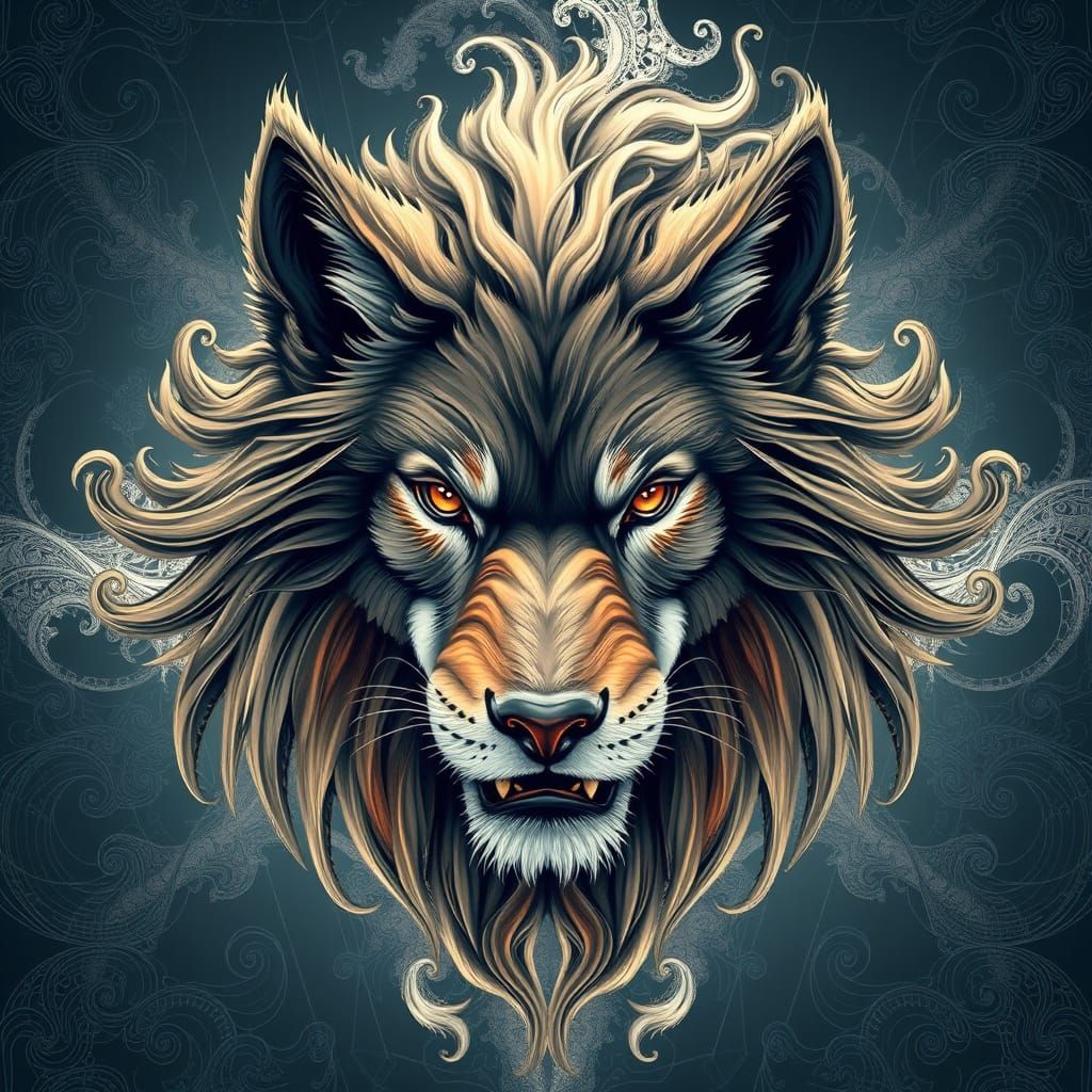 Majestic Feral Wolf-Lion Hybrid in Cyberpunk Fract... - AI Art