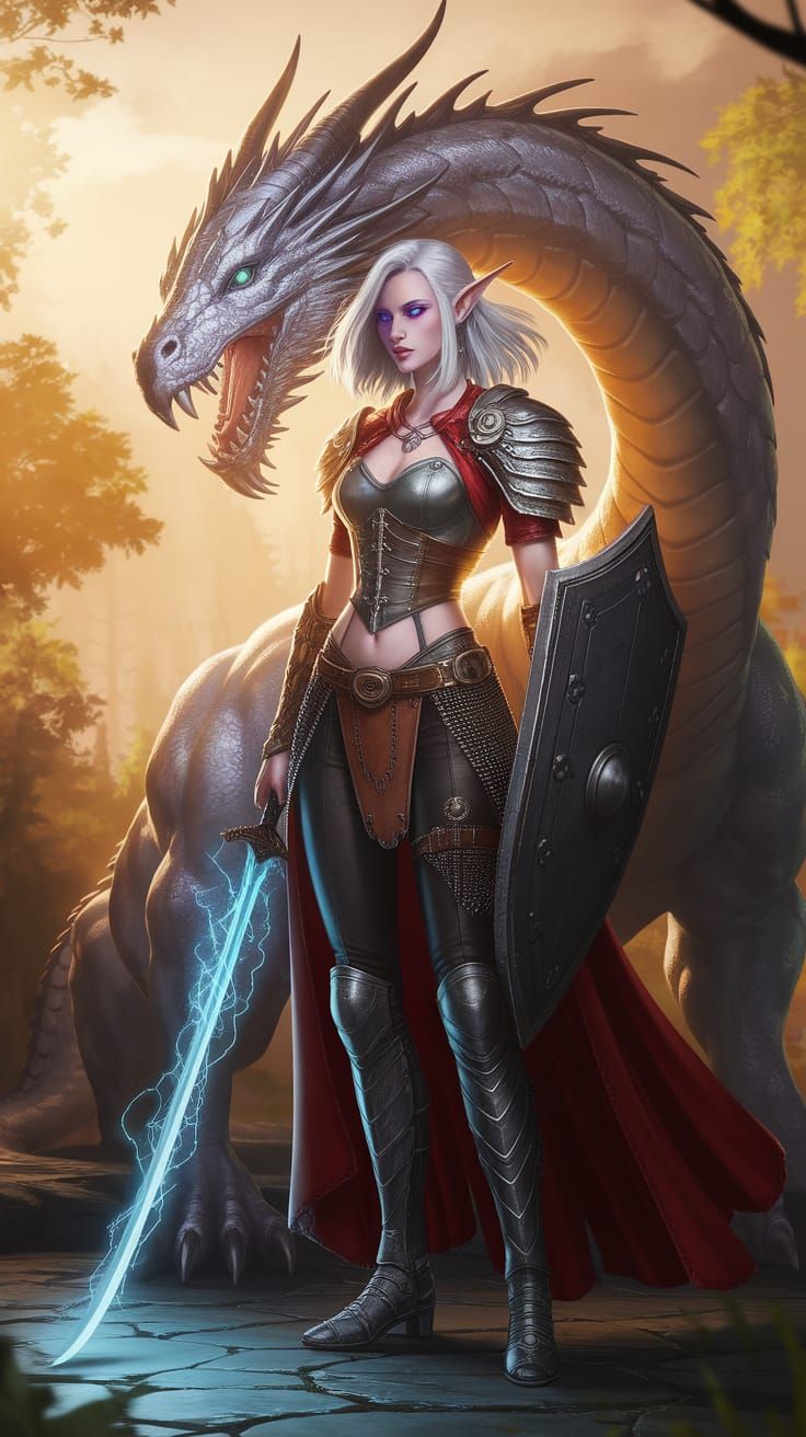 In a breathtaking photograph, a tall female aasimar oath of the ...