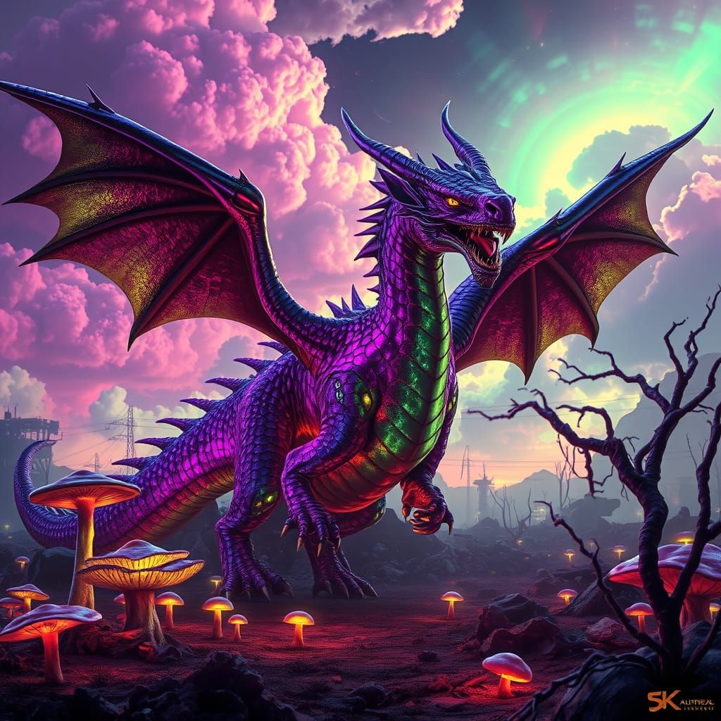 Nuclear dragon - Ethereal Nuclear Dragon in Neon-Lit Apocaly...