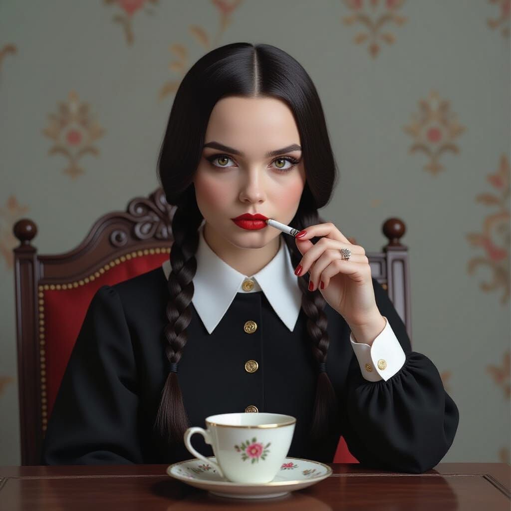 Wednesday Addams Sipping Poison in Dystopian Style - AI Art