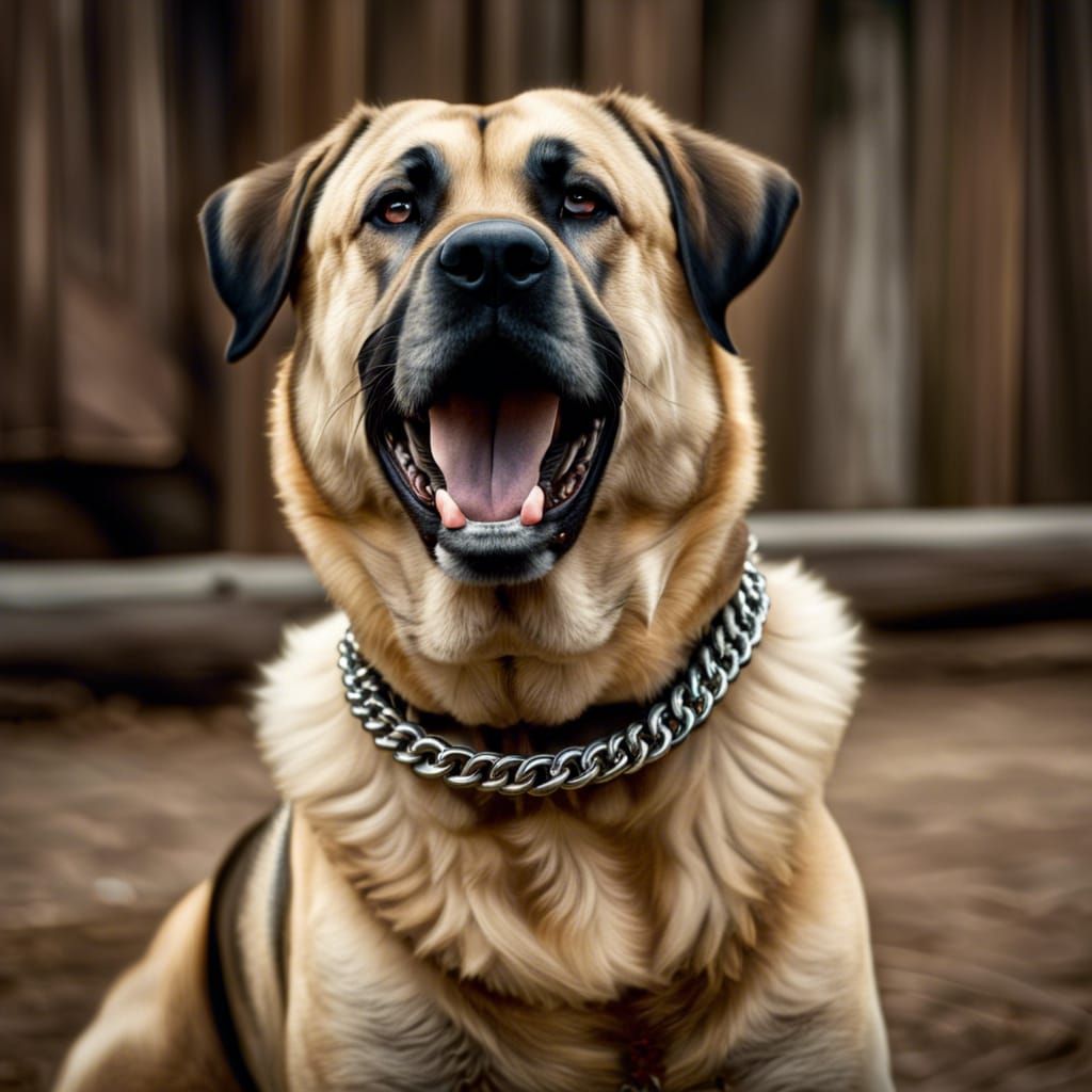 Kangal Shepard dog wearing a chain collar barking with sharp teeth ...