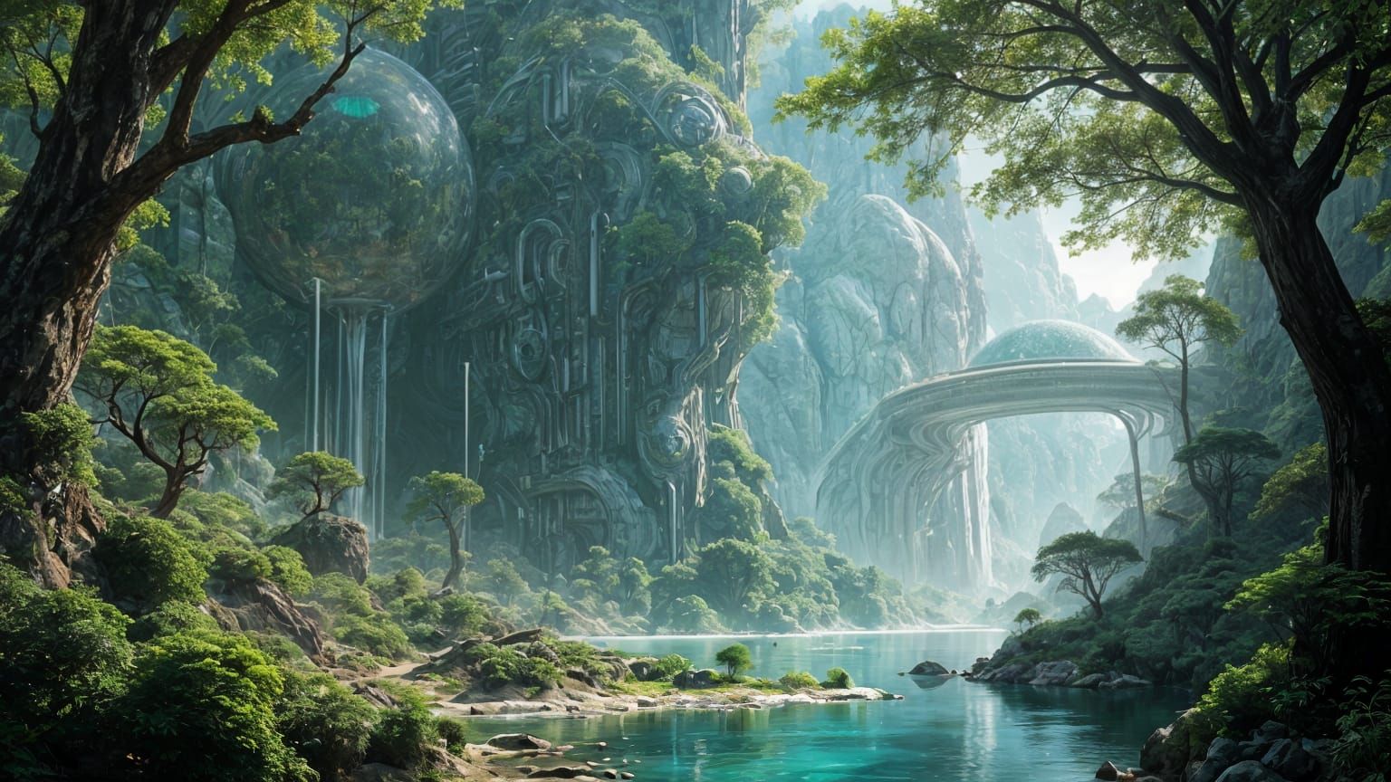 A futuristic biodome, resembling a gleaming crystal hemisphere ...