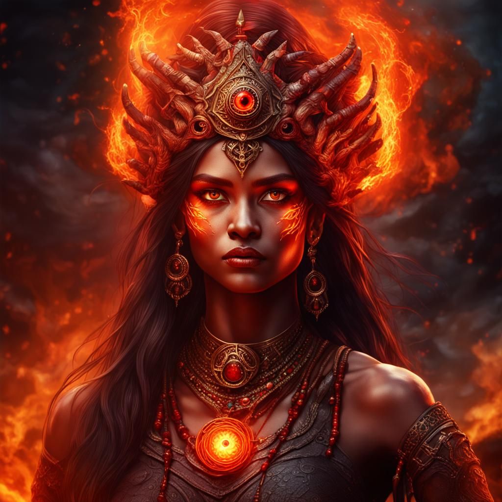 Portrait of a majestic fire sorceress goddess with glowing red eyes ...